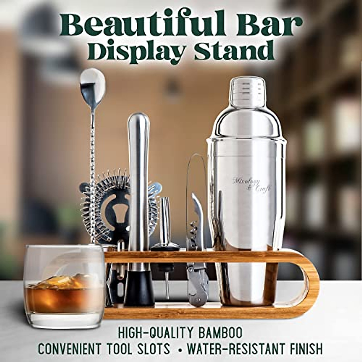 Mixology Bartender Kit: 10-Piece Bar Tool Set with Bamboo Stand | Perfect Home Bartending Kit and Martini Cocktail Shaker Set For a Perfect Drink Mixing Experience | Fun Housewarming Gift (Silver)