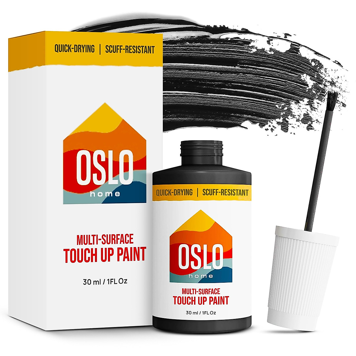 Oslo Home Touch Up Paint, Black, 1oz, Matte, w/brush in bottle, Quick drying, for Home repairs, Kitchen Cabinets, Furniture, Walls