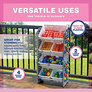 UNiPLAY Toy Organizer with 6 Removable Storage Bins, Multi-Bin Organizer for Books, Building Blocks, School Materials, Toys with Baseplate Board Frame (Gray)