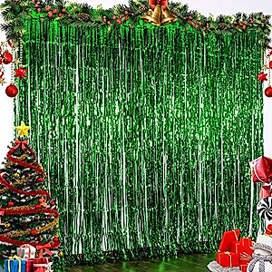 Dazzle Bright 2 Pack Backdrop Curtain, 3FT x 8FT Metallic Tinsel Foil Fringe Curtains Photo Booth Background for Baby Shower Party Birthday Wedding Engagement Bridal Shower Decorations, Green