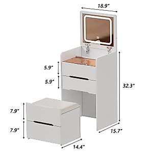 PAKASEPT 3 in 1 Vanity Desk with Plip Top Mirror, Small Make Up Vanity Set with Visible Glass Desktop, Compact with 3 Drawers,Cushioned Tool,Dressing Table for Bedroom