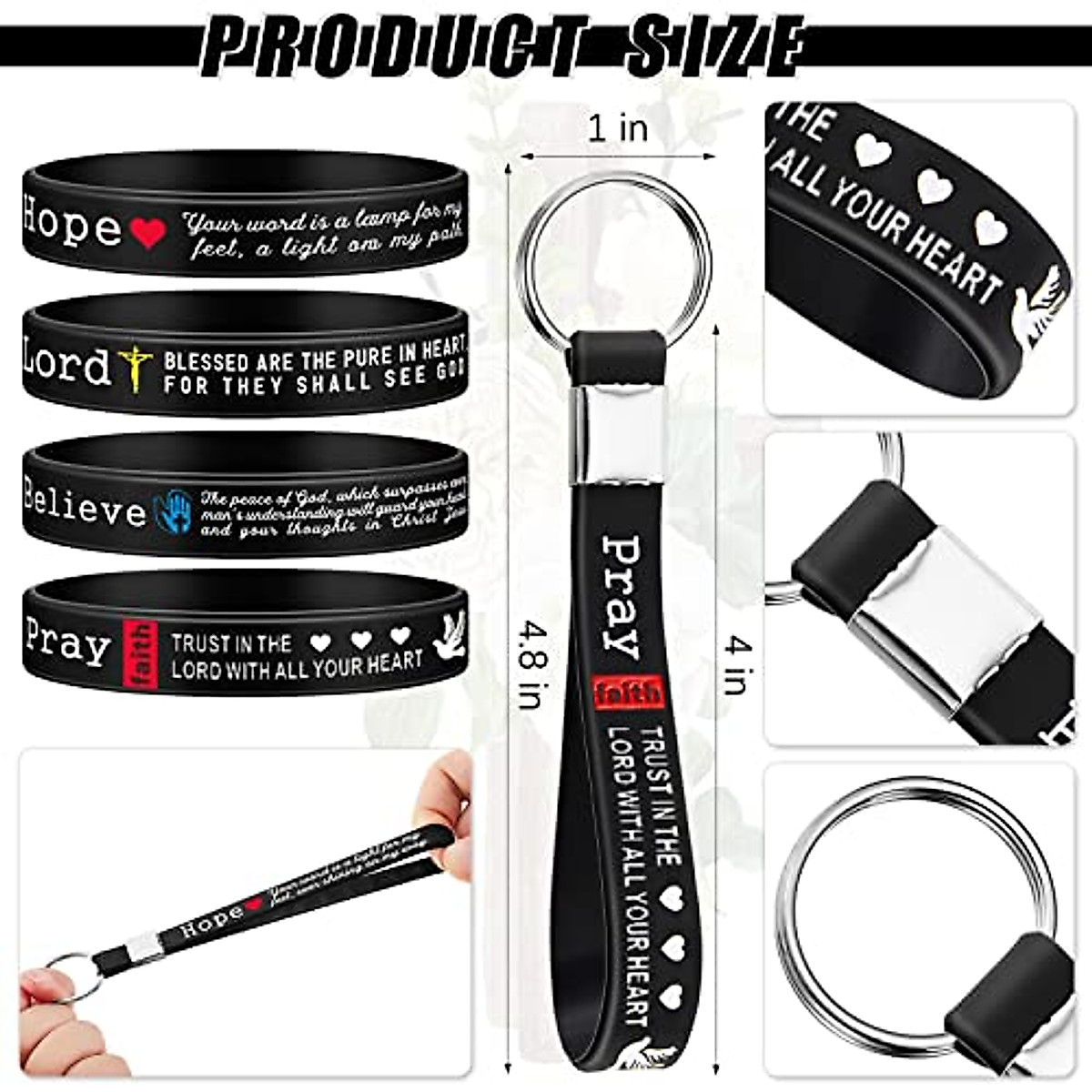 48 Pcs Christian Bible Keychains with Scripture Bracelets Religious Silicone Bible Verses Wristbands Christian Faith Gifts for Men Women Belief Party Favors (Black)