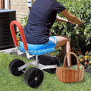 Garden Cart Rolling Stool with Wheels, Garden Cart with Seat and Wheels, Wheeled Garden Cart with Seat, Adjustable 360 Degree Swivel Seat, Stable Workseat Cart Adjustable Seat Height, Gardening Helper