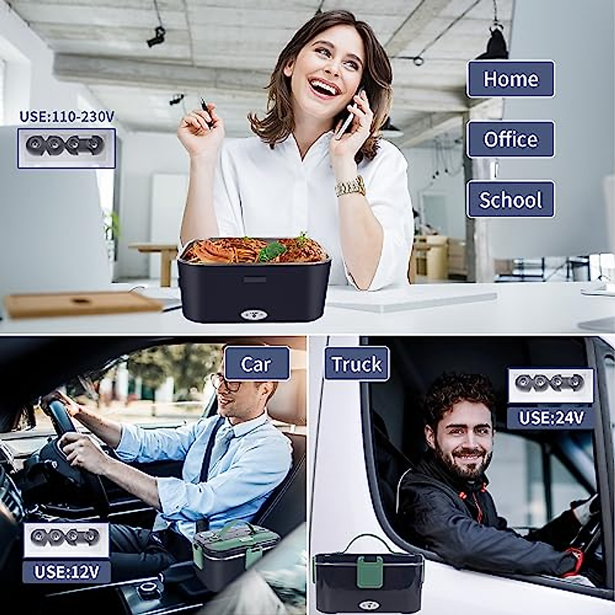 NZN Electric Lunch Box Food Heater,1.8L Leakproof Food Warmer Heating Lunch Box, Portable Heated Lunch Boxes for Adults/Car/Truck/Home/Work, 12V 24V 110V 80W (Blue & Green)
