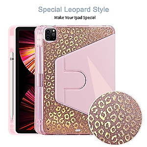 SoFunMoky for iPad Pro 6th/ 5th/ 4th/ 3rd Gen Case 12.9 Inch Cover with Pencil Holder 360 Degree Rotating Stand Glitter Shining Gold Leopard Cheetah Full Protective Auto Wake Sleep Bling, Pink