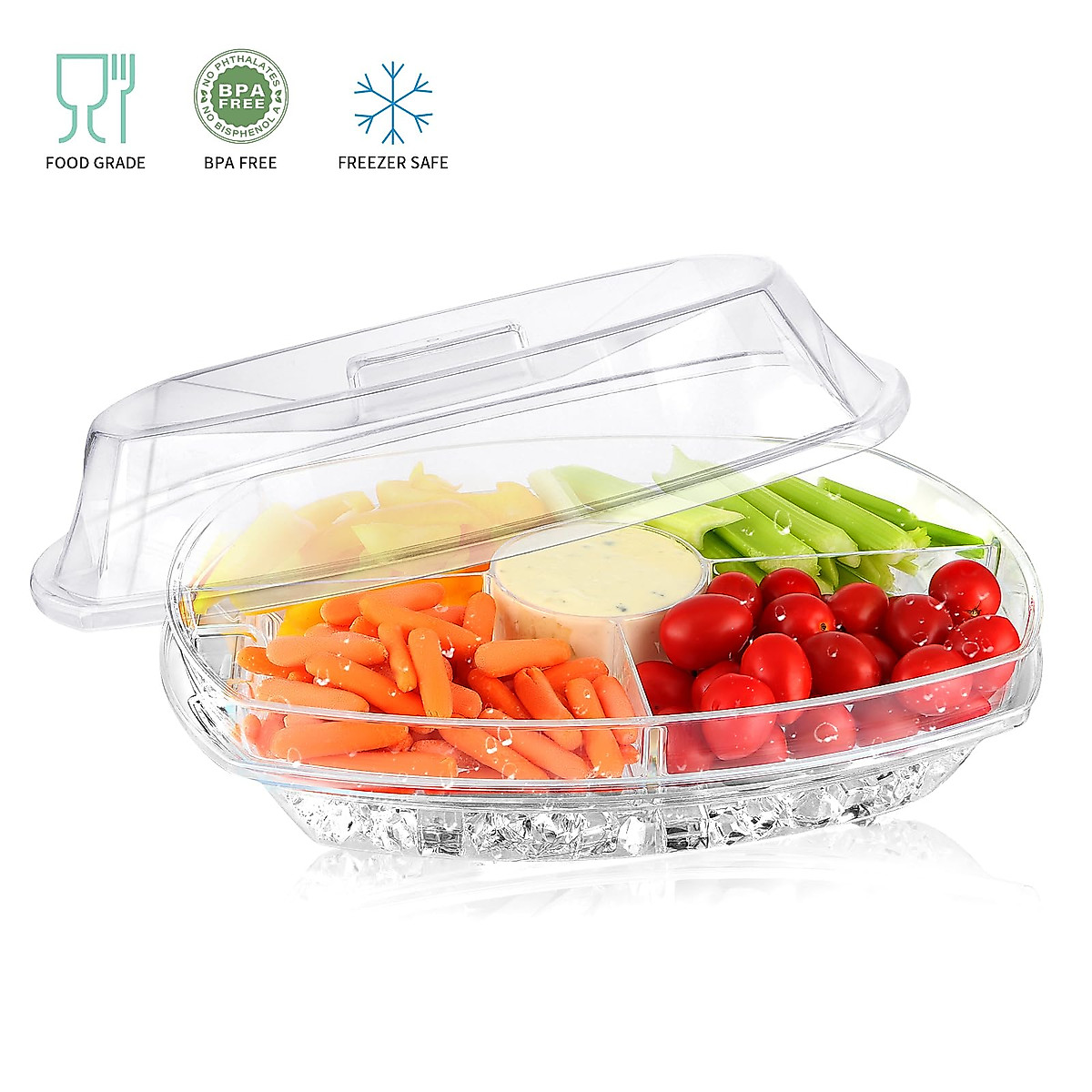 MOLIGOU Chilled Serving Tray, Ice Party Platter with Lid, 4 Compartments Appetizer Serving Tray on Ice