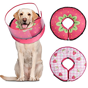 ipetstation Dog Cone Collar for Small Medium Large Dogs Cats for After Surgery, Pet Inflatable Neck Donut Strawberry Collar Soft Protective Recovery Cone (Red, M)