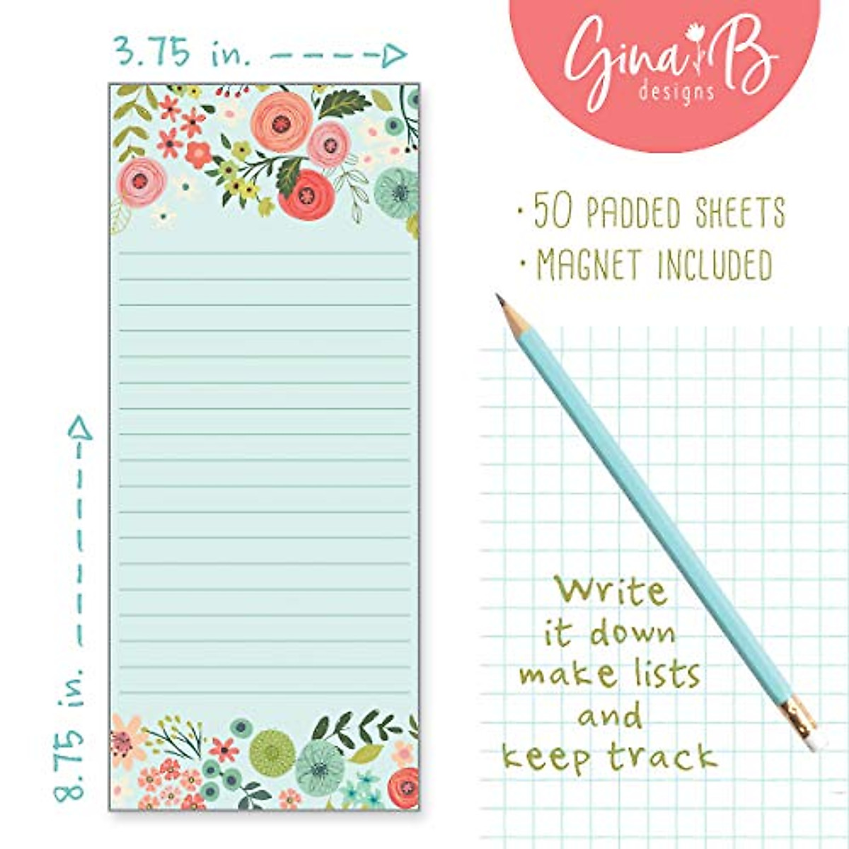 Set of 2- Teal/Coral Flowers List Pad, Notepad, Shopping List with Attachable Magnet