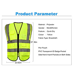 Chesson High Visibility Safety Vest, Medium Size, 2" Reflective Strips, Hi Vis Yellow Vests Multi-Pockets and Front Zipper Work Vest Perfect for Cycling, Running, Volunteer, Construction