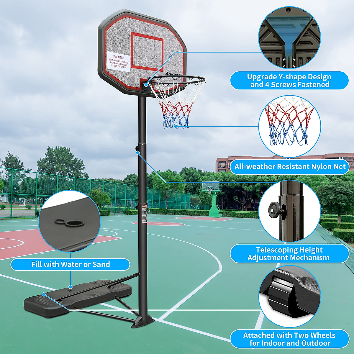 aokung Family Portable Basketball Hoop & Goals with 43" Impact Backboard Basketball System Height Adjustable 6.5ft - 10ft for Youth and Adults Indoor Outdoor