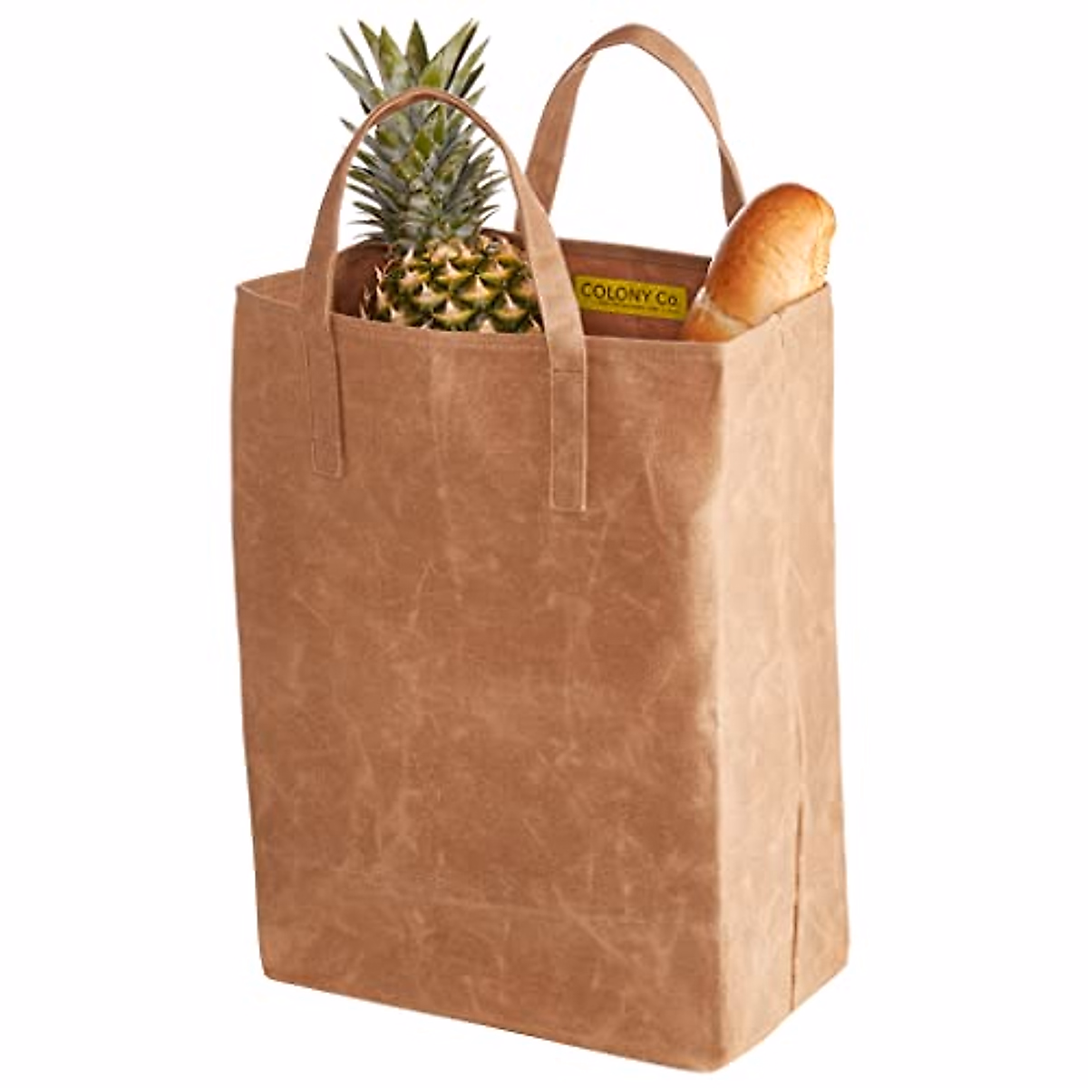 World's Strongest Grocery Bag, Handmade with Certified Organic Cotton and Hand Waxed with Beeswax, Foldable, Stiff Waxed Canvas Stands Up for Easy Filling, Plastic-Free, Reusable, GOTS, Large, Brown