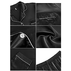Fivali Womens Silk Satin Pajamas Long Sleeve Pj Set Two-piece Sleepwear Silky Button-down Nightwear Soft Loungewear Sets, XXL Black