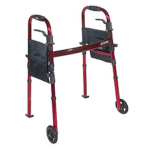 Drive Medical Deluxe Portable Folding Travel Walker with 5" Wheels and Fold up Legs, Red