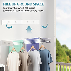 Wall Mounted Drying Rack 31.5", Upgrade 6 Knob Hooks, 5 Aluminum Poles, 40 lb. Load Capacity, Foldable, Retractable, Space Saving Clothes Drying Rack (31.5" White)