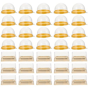 GANAZONO 100pcs Mini Moon Cake Boxes Clear Plastic Square Round Cupcake Boxes Dome Cake Container Bakery Carrier for Muffins Dessert Golden