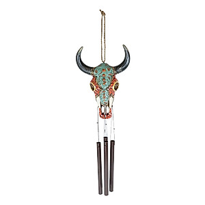 Ebros Gift Pack of 2 Rustic Western Faux Tooled Leather Ornate Bison Cow Skull with Turquoise and Ember Gems Decorative Wind Chimes Garden Patio Mobile Figurines Country Tribal Southwestern Accent