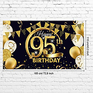 Birthday Party Decoration Extra Large Fabric Black Gold Sign Poster for Anniversary Photo Booth Backdrop Background Banner, Birthday Party Supplies, 72.8 x 43.3 Inch (95th)