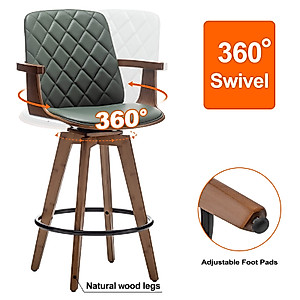 WUPOTO Bar Stools Set of 2, Upholstered Faux Leather Counter Height Bar Stools, Swivel Barstools with Wooden Arms and Legs, 25.6-Inch Seat Height(Green, Pack of 2)