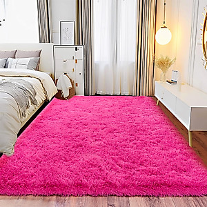 Shaggy 8x10 Area Rugs, Hot Pink Rug-Fuzzy Rugs for Kids Bedroom, Soft Play Nursery Area Rug for Girls, Shag Area Rugs Non Slip, Fluffy Faux Fur Rug Carpet