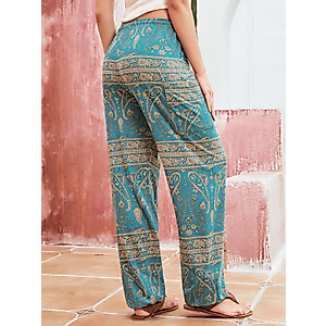 QIANXIZHAN Women's Harem Pants, Hippie Palazzo Pants Boho Joggers Yoga Clothes with Pockets Cyan Flower 2XL
