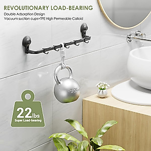 LUXEAR Towel Bar, 24 Inch Adhesive Bathroom Towel Bar with Upgrade Suction Cup, Tool Free Adhesive Shower Towel Rack with 5 Sliding Hooks, Wall Mounted Plastic Towel Bar for Shower Kitchen Door