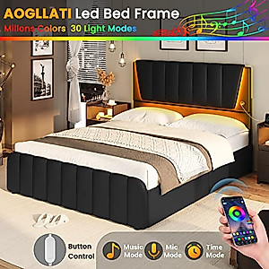 AOGLLATI Queen Bed Frame with Headboard and 4 Storage Drawers, Platform Bed Frame Queen Size with Led Light & 2 USB Ports, Queen Size Bed Frame with Wooden Slats Support, No Box Spring Needed