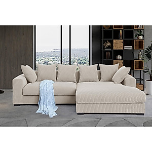 ACQCA 110" Modern Sectional Sofa with Right Facing Chaise, L Shaped Sleeper Couch with 6 Throw Pillows, Corduroy Loveseat for Living Room, Apartment, Beige 1