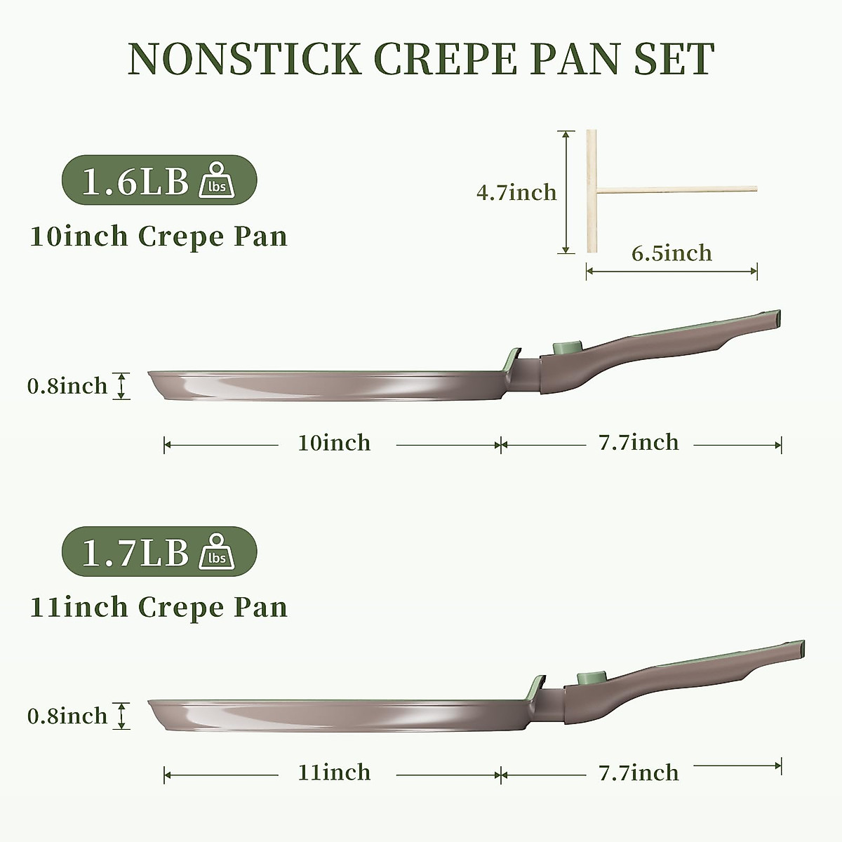 Innerwell Nonstick Crepe Pan with Spreader 10&11Inch Crepe Pan Set W/Detachable Handle Flat Skillet Tawa Dosa Tortilla Pan PFOA-Free Compatible with All Stovetops Green