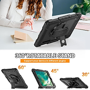 SEYMAC Case for iPad 6th/5th Generation Case 9.7 Inch, Full-Body Shockproof Heavy Duty Protective Case with Screen Protector, Rotating Stand/Hand/Shoulder Strap for iPad Air 2/ Pro 9.7, Black