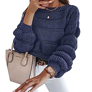 PRETTYGARDEN Women's 2024 Fall Sweaters Casual Crew Neck Pullover Long Puff Sleeve Loose Plain Chunky Knit Cute Blouse Tops (Navy,Large)