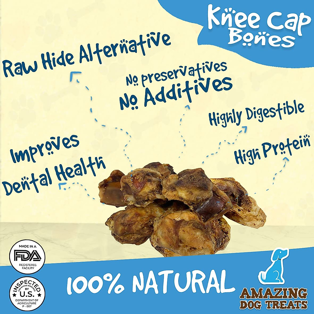 Amazing Dog Treats - Meaty Knee Cap Bones (10 Count) - Sourced from Premium Grass Fed Cattle - Knee Cap Bones for Dogs - Long Lasting Dog Chew Bones - Smoked Tasty Dog Bones for Aggressive Chewers