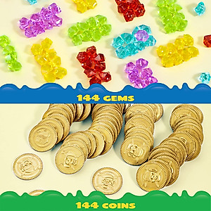 JOYIN Toy 288 Pieces Pirate Gold Coins and Pirate Gems Jewelry Playset Pack Party Favor. (144 Coins+144 Gems)