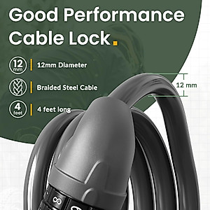 Titanker Bike Lock, Lock for Bike Locks with Combinations Resettable Bike Lock Cable 4 Feet with Mounting Bracket, 1/2 Inch Diameter Gray-1/2in