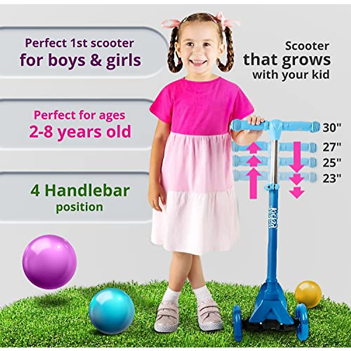 Kicksy - Kids Scooter - Toddler Scooter for Kids 2-5 Adjustable Height - 3 Wheel Scooter for Kids Ages 3-5 Boys & Girls - Kids Three Wheel Scooter with Light Up LED Wheels