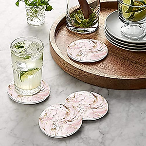 Lahome Pink Coasters for Drinks Absorbent with Holder,Set of 6 Marble Pattern Ceramic Stone Coaster Set with Cork Backing for Mugs Cups Wooden Coffee Table Protection,4 Inches
