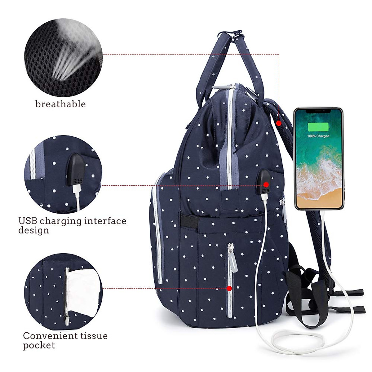 Diaper Bag Backpack for Baby with Insulated Pockets Stroller Straps Changing Pad and USB Charging Port, Large Capacity, Waterproof, Blue&Point
