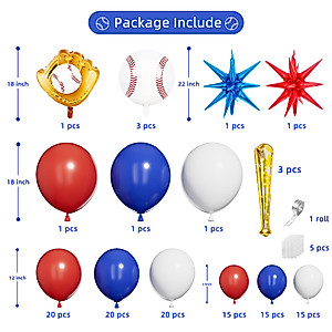 Baseball Garland Arch Kit With Glove, Bat, and Star Balloons - 128pcs Red, White, and Navy Blue for Baseball Theme Birthday, Baby Shower Party Supplies