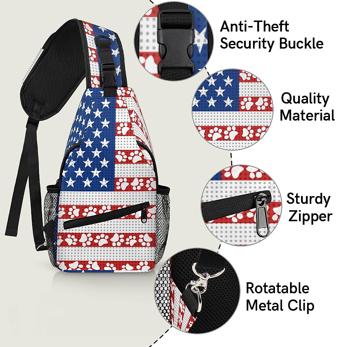 FZDXZJJ USA Flag Paw Print Crossbody Sling Backpack Sling Bag American Flag Small Chest Bag for Women Men Outdoor Shoulder Bag Travel Hiking Daypack for Sports Running Cycling Walking