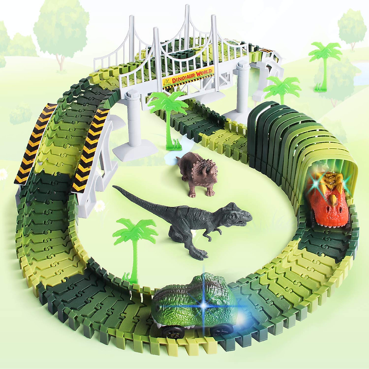 Track Car Replacement Only,LED Light Up Dinosaur Cars Compatible with Most Tracks,Dino Cars Accessories for Race Track Sets(2 Pack)