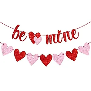 Valentines Day Banner Red and Pink Glittery Be Mine Banner Paper Heart Garland Banner for Valentines Day Decorations Wedding Proposal Engagement Bachelorette Party Decor Supplies - Pack of 2