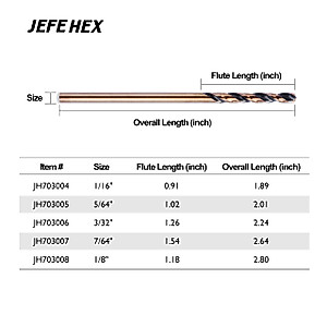 JEFE HEX 1/8" HSS Twist Drill Bit for Steel/Copper/Aluminum/Zinc Alloy/Wood/Plastics, General Purpose HSS Drill bit, 135 Degree Split Point, Ideal for DIY Projects and Home Maintenance. (6-Piece)