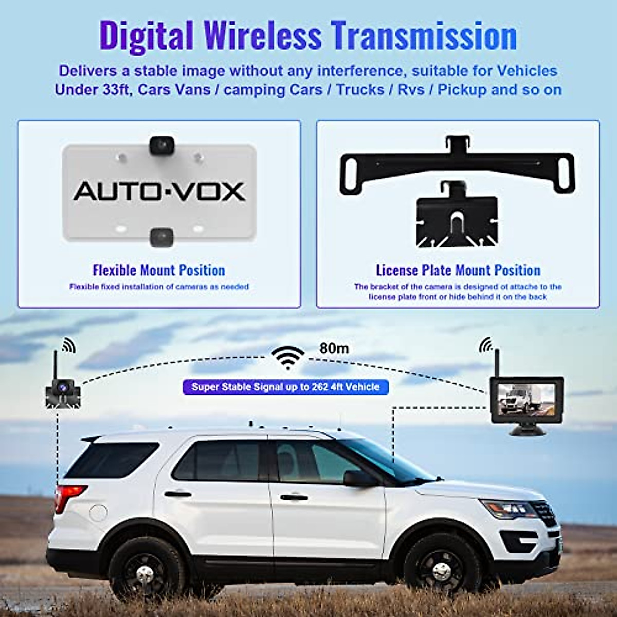 Wireless Backup Camera for Trucks Car Pickup Camper Van, 4.3 Inch IPS Monitor, HD 1080 Digital License Plate Rear View Camera Night Vision Waterproof Image Flip Grid Lines ON/Off