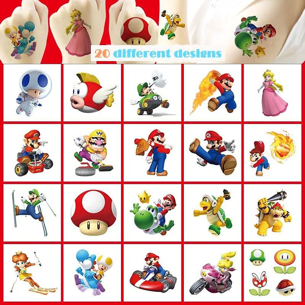 60PC Mario Temporary Tattoos Stickers,Mario Birthday Party Supplies Favors Mario Waterproof Fake Tattoos Stickers Mario Party Decorations for Kids Boys Girls School Rewards Gifts