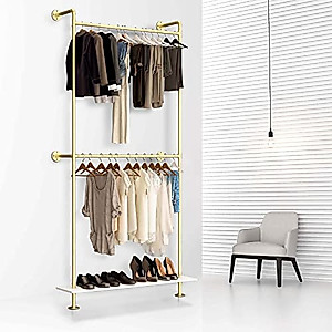 AIWFL Industrial Pipe Clothing Rack Wall Mounted,Modern Simple Metal Clothes Rack,Vintage Retail Display Garment Rack with White Shelves,Metal Gold Clothes Racks with 2 Tier Hanging Rods(47.2" L)