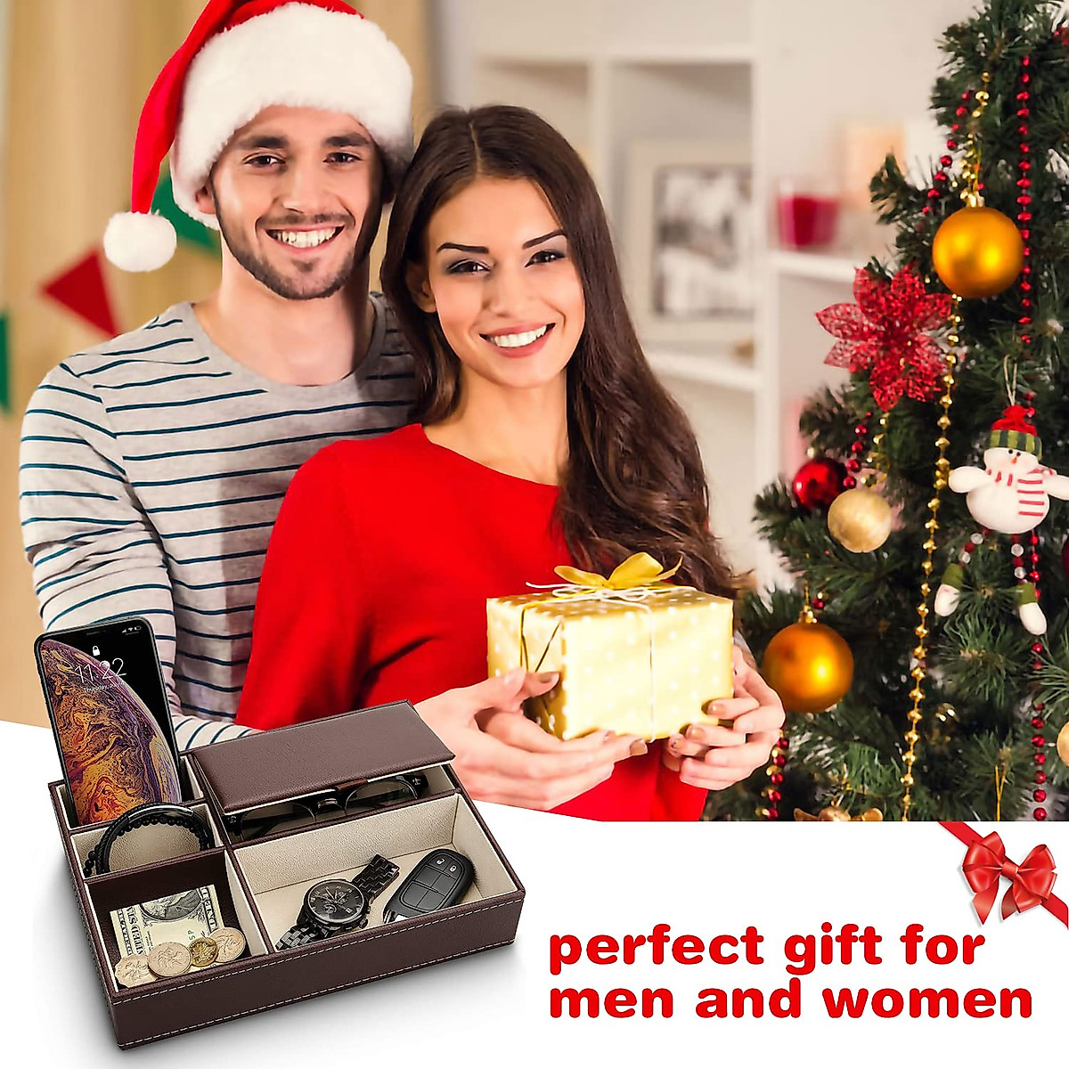 Baoyun Mens Valet Tray Organizer - Leather Nightstand Dresser Top Box with 5 Compartment for Accessories, Wallet, Phone, Keys (Brown)