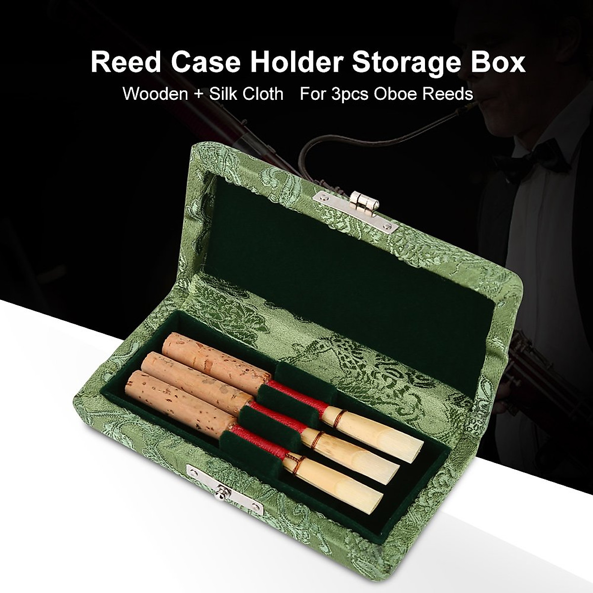 Oboe Case, Wooden & Silk Cloth Cover Oboe Storage Holder Box Protector Bag for 3pcs Oboe Reeds