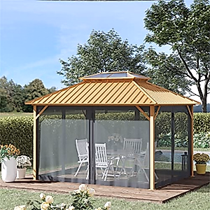 SDGH 12' x 10' Hardtop Gazebo Steel Canopy Outdoor Pergola with Aluminum Frame and Netting for Patios, Gardens, Lawns