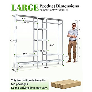 HOKEEPER Heavy Duty Free Standing Closet Organizer with 8 Shelves and Coat Rack Extra Large Wardrobe Closet Clothing Rack for Hanging Clothes Closet Storage Garment Rack for Bedroom 1000lbs White