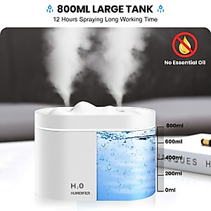 Mini Humidifier, 800ml Small Plant Humidifier, Portable Cool Mist Humidifiers for Bedroom, Personal Desk Humidifier for Baby Office Home, Auto Shut Off, Dual Nozzle Design, Super Quiet, White