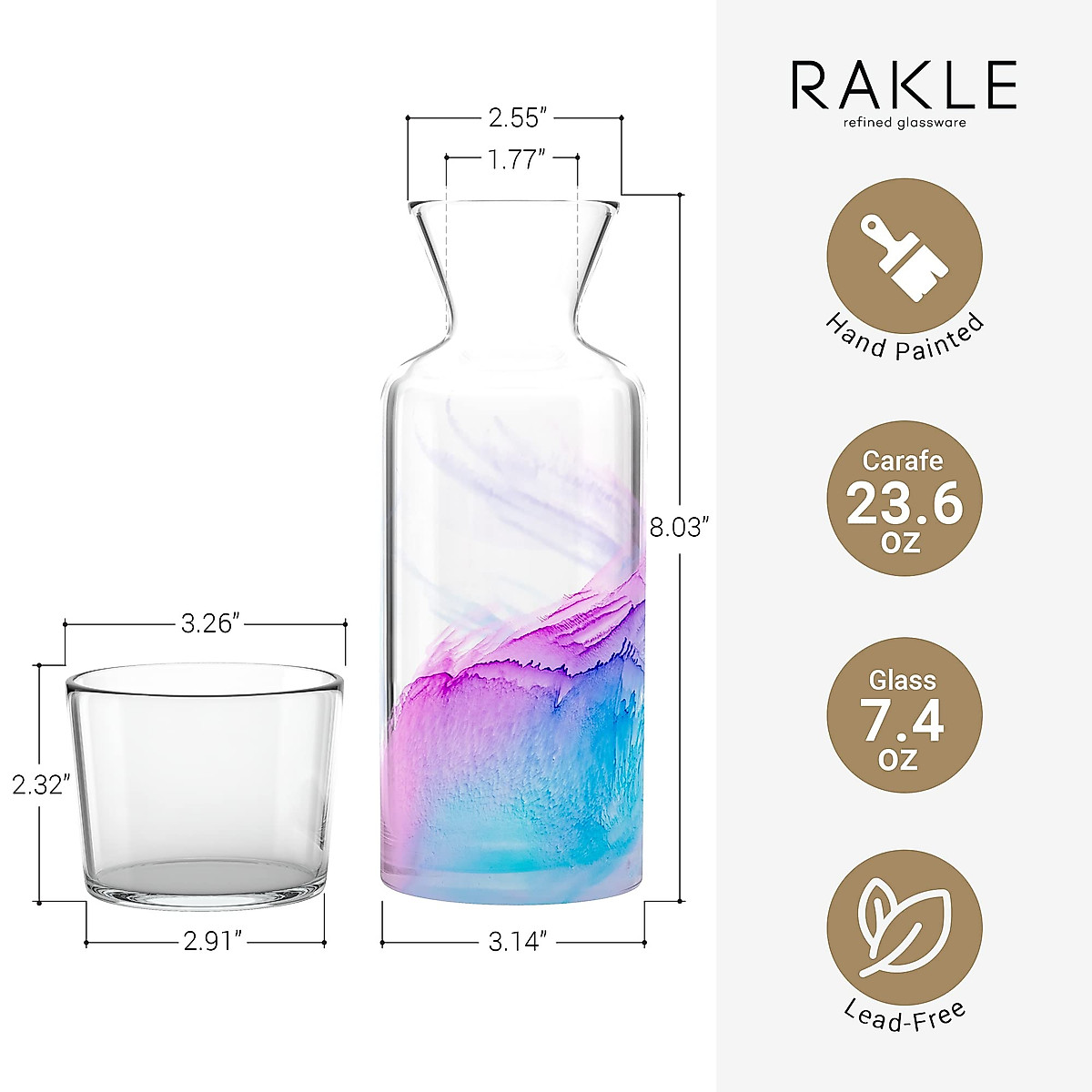 Rakle Bedside Water Carafe – 23.6oz Water Carafe and Glass – Glass Water Pitcher for Nightstand, Bedroom, Bathroom – Glass Water Carafe/Mouthwash Container for Water, Lemonade, Juice